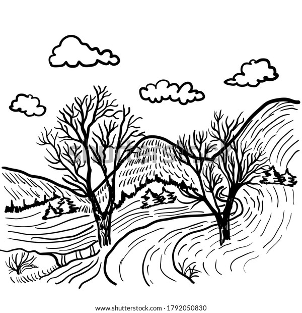 Nature Landscape Sketch Two Trees Mountains Stock Vector (Royalty Free ...