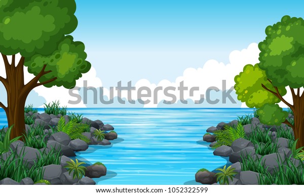 Nature Scene River Many Trees Illustration Stock Vector (Royalty Free ...