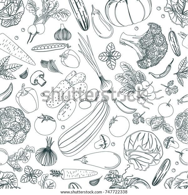 Vektor Stok Nature Seamless Texture Sketch Vegetables Your (Tanpa ...