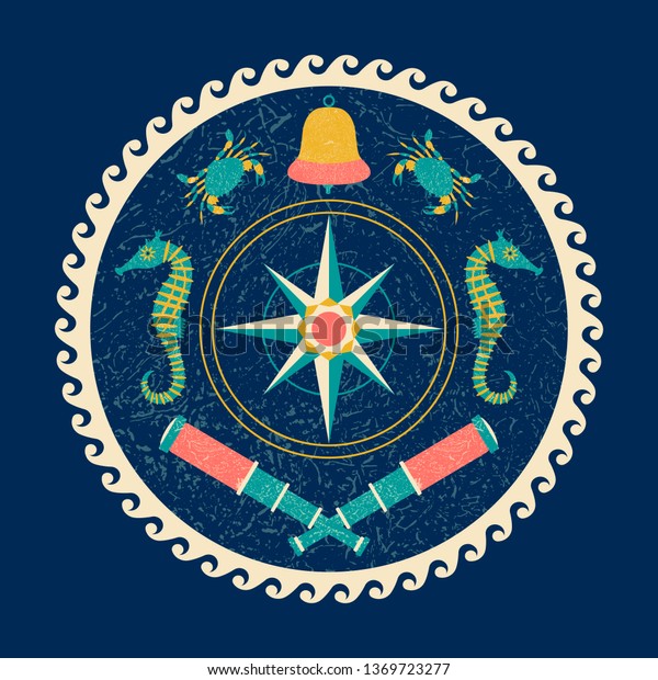 Nautical Circle Poster Cartoon Style Grunge Stock Vector (Royalty Free ...