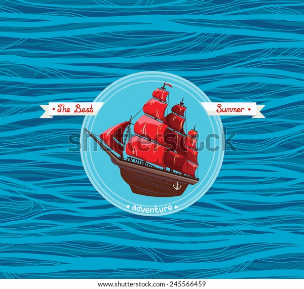 Nautical Emblem Old Sailboat Red Sails Stock Vector (Royalty Free ...
