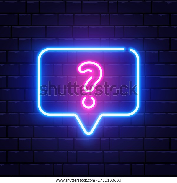 Neon glowing question mark. Quiz neon banner. Color neon frame on brick ...