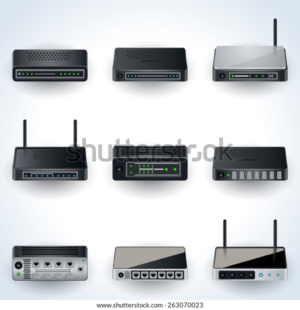 Network Equipment Icons Modems Routers Hubs 스톡 벡터(로열티 프리) 263070023