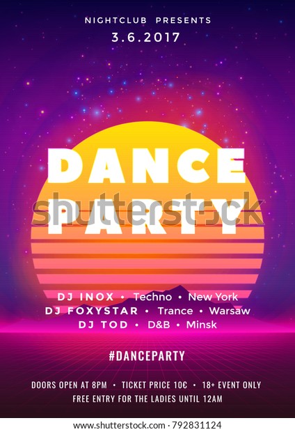 New retro wave dance party poster, vector background template with ...