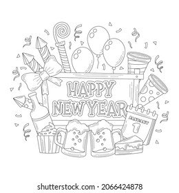 New Year Doodle Line Drawing Coloring Stock Vector (Royalty Free ...