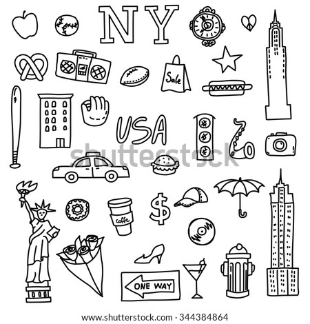 New York Doodle Line Set Hand Stock Vector (Royalty Free) 344384864 ...