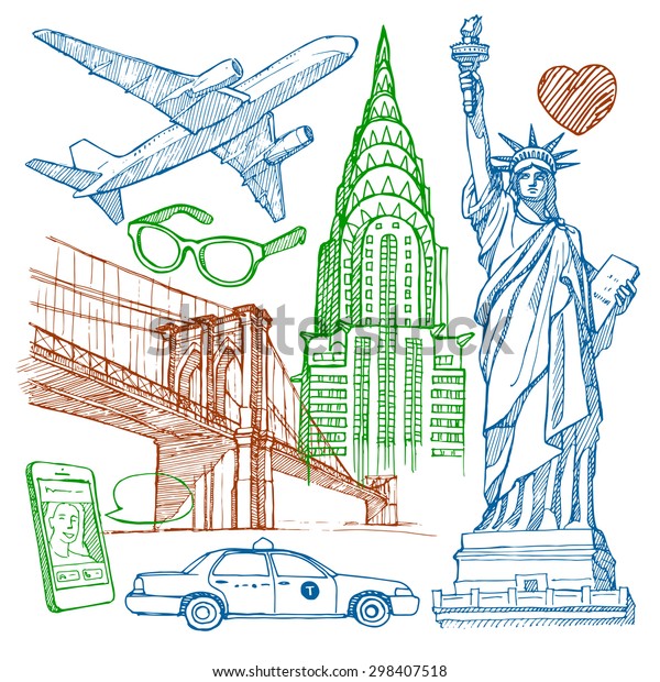 New York Set Hand Drawing Vector Stock Vector (Royalty Free) 298407518