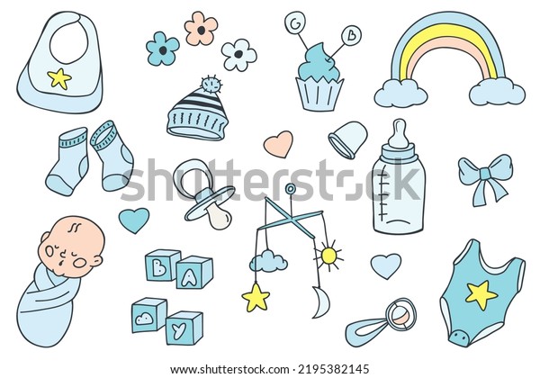 Newborn Baby Items Set Baby Care Stock Vector (Royalty Free) 2195382145 ...