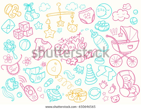 Newborn Infant Themed Cute Doodle Set Stock Vector (Royalty Free) 650646565