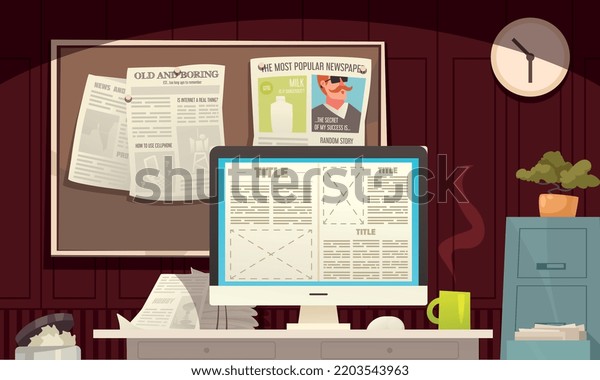 Newspaper Office Cartoon Scene Layout Template Stock Vector (Royalty ...