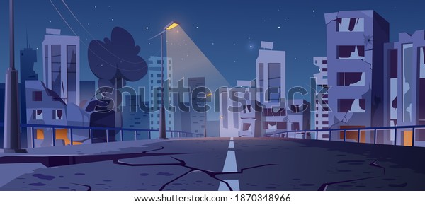 Night city destroy in war zone, abandoned buildings and bridge with ...
