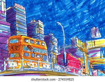 Night City Drawing Marker Stock Vector (Royalty Free) 274559825 ...