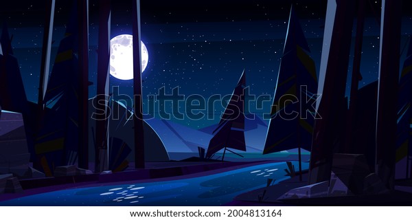 Night forest with river and mountains. Nature wood landscape with ...