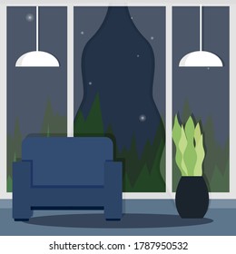 Night Interior Vector Illustration Sofa Plant Stock Vector (Royalty ...