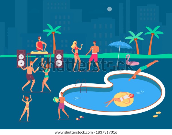 Night Pool Party Background Cartoon People Stock Vector (Royalty Free ...