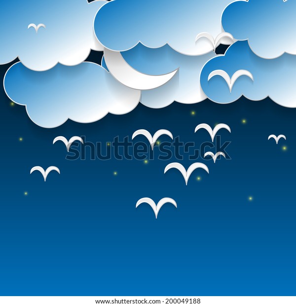Night Sky Clouds Moon Birds Illustration Stock Vector (Royalty Free ...