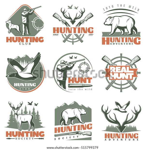 Nine Isolated Hunting Emblems Set Color Stock Vector (Royalty Free ...