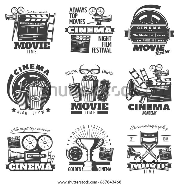 Nine Isolated Monochrome Emblems Movie Cinema Stock Vector (Royalty ...