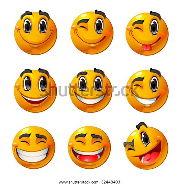 Nueve rostros sonrientes, todos son felices y se ríen. El vector sonríe.