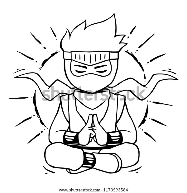 Ninja Boy Meditation Mode Bw Stock Vector (Royalty Free) 1170593584