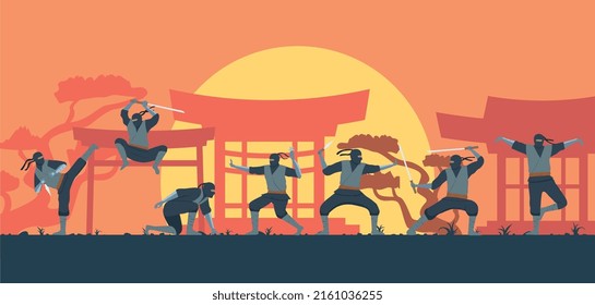 Ninja Warriors Fighting Weapons On Background Stock Vector (Royalty ...