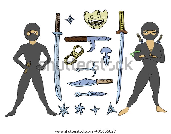 Ninjas Weapon Hand Drawn Ninja Cartoon : image vectorielle de stock ...