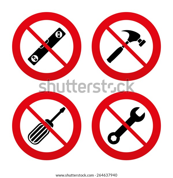 No, Ban or Stop signs. Screwdriver and wrench key tool icons. Bubble ...