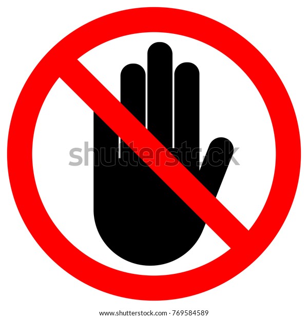 NO ENTRY sign. Stop palm hand icon in crossed out red circle. Vector.