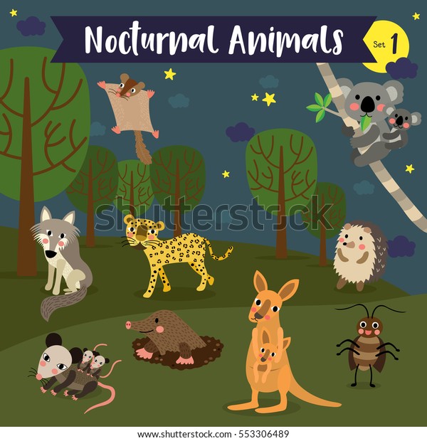 Nocturnal Animals Cartoon Forest Background Set Stock Vector (Royalty ...