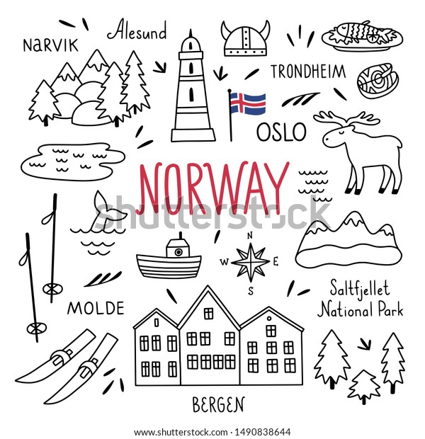 Norway hand drawn outline vector symbols and illustrations on white ...