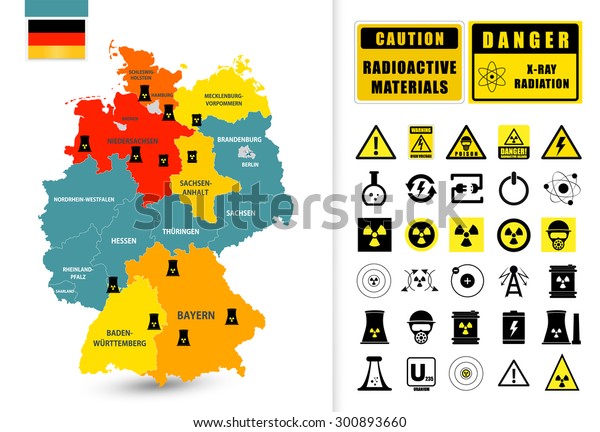 Nuclear power plant map of Germany. Nuclear Power technology icons and ...