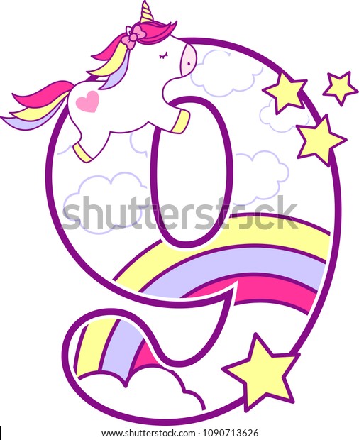 Number 9 Cute Unicorn Rainbow Can Stock Vector (Royalty Free ...