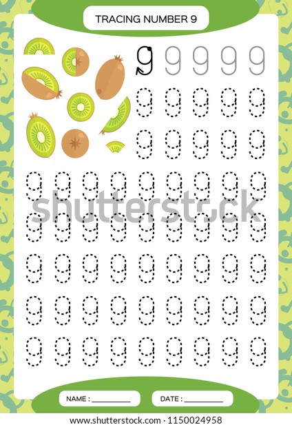 Number 9 Nine Tracing Worksheet Kids Stock Vector (Royalty Free ...
