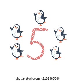 Number Five Cute Cartoon Penguins Counting Stock Vector (Royalty Free ...