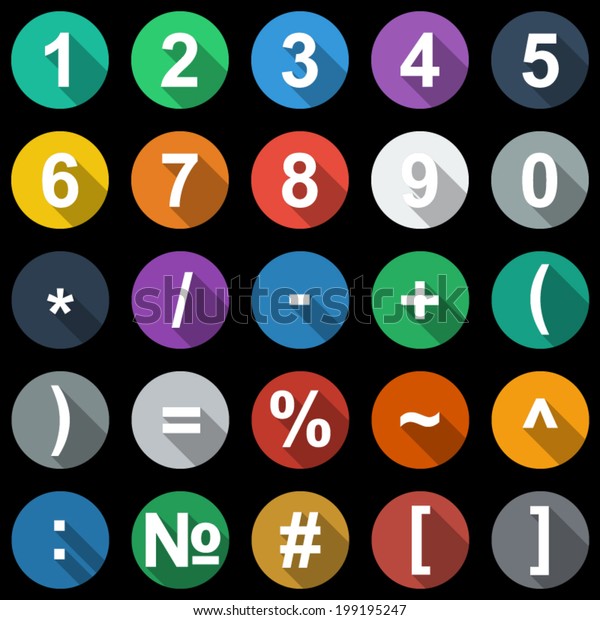 Numbers and Math Symbols Flat Icons Set with long shadow