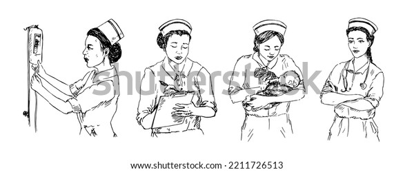 Nurse Working Set Hand Drawn Doodle Stock Vector (Royalty Free ...
