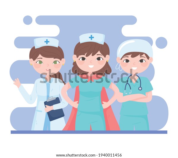 Nurses Hero Characters Cartoon Celebration Stock Vector (Royalty Free ...