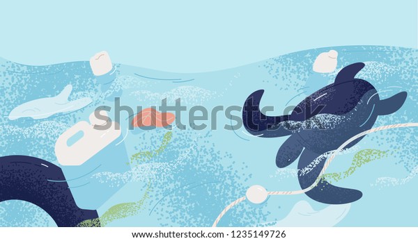 Ocean Aquatic Animals Plastic Garbage Floating Stock Vector (Royalty ...