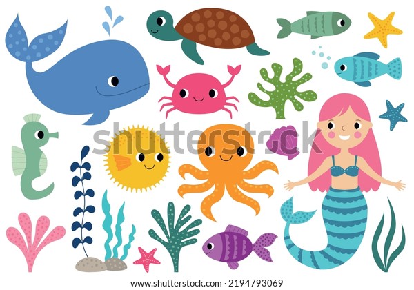 Ocean Life Vector Cartoon Set Underwater Stock Vector (Royalty Free ...
