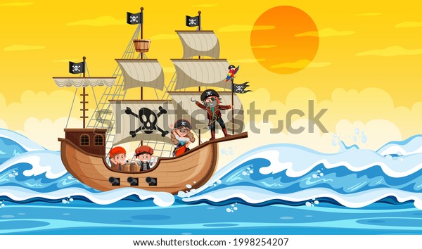 Ocean Pirate Ship Sunset Scene Cartoon Stock Vector (Royalty Free ...