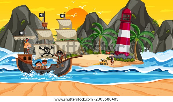 Ocean Pirate Ship Sunset Scene Cartoon Stock Vector (Royalty Free ...