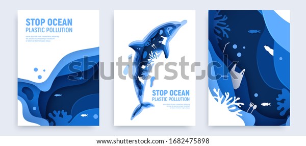 Ocean Plastic Pollution Banner Set Dolphin Stock Vector (Royalty Free ...