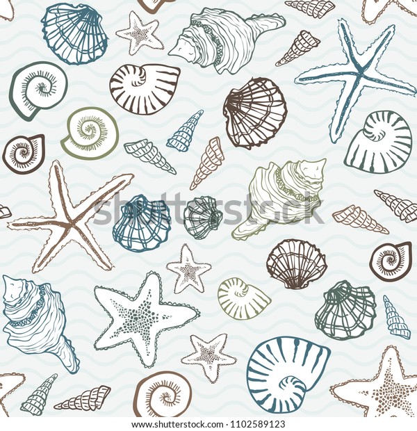 Ocean Shell Starfish Sea Seamless Pattern Stock Vector (Royalty Free ...