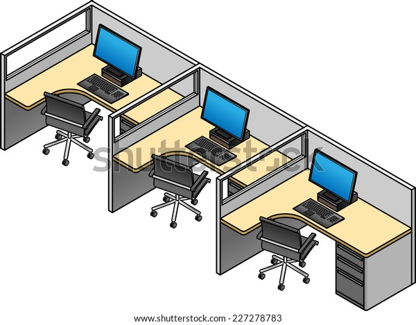 Office cubicles: row of three configuration with low partitions ...