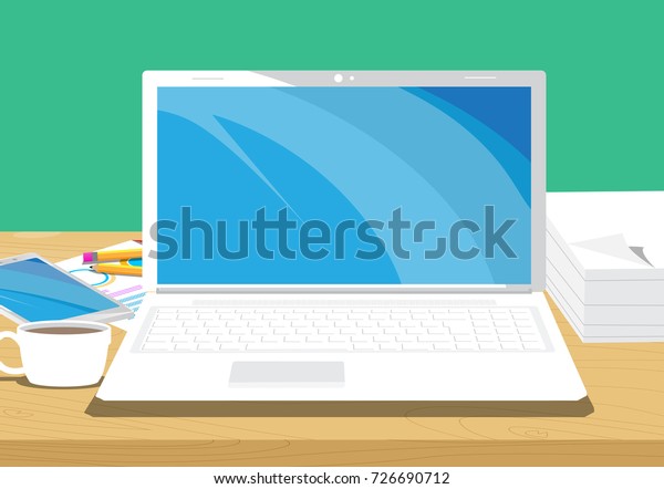 Office Desk Vector Illustrated Cartoon Background Stock Vector (Royalty ...