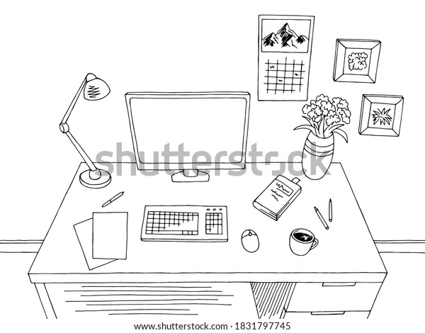 Office Table Graphic Black White Interior Stock Vector (Royalty Free ...