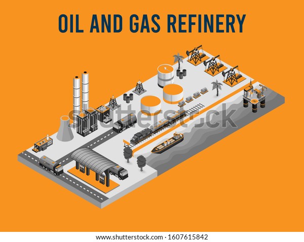 Oil and Gas refinery concept 3d isometric with offshore oil rig, tanker ...