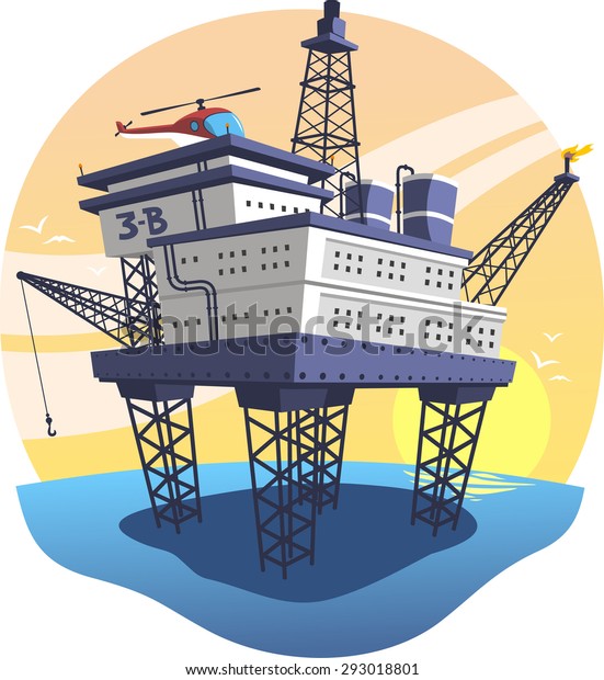 Oil Platform Floating Over Sea Helicopter Stock Vector (Royalty Free ...