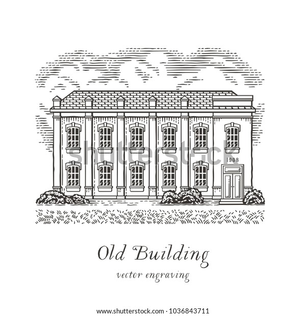 Old Building Hand Drawn Engraving Style 스톡 벡터(로열티 프리) 1036843711