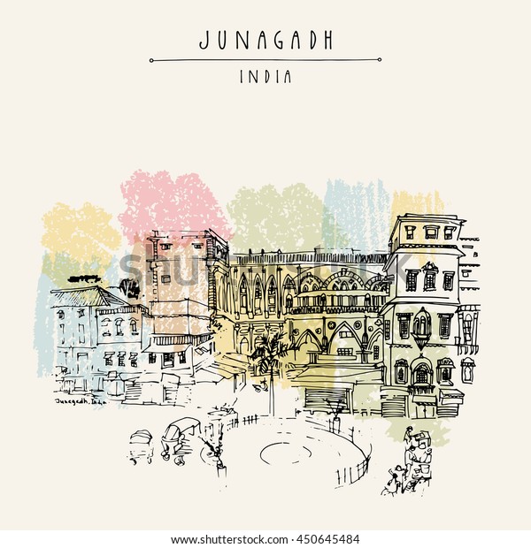 Old Buildings Junagadh Gujarat India Hand Stock Vector (Royalty Free ...